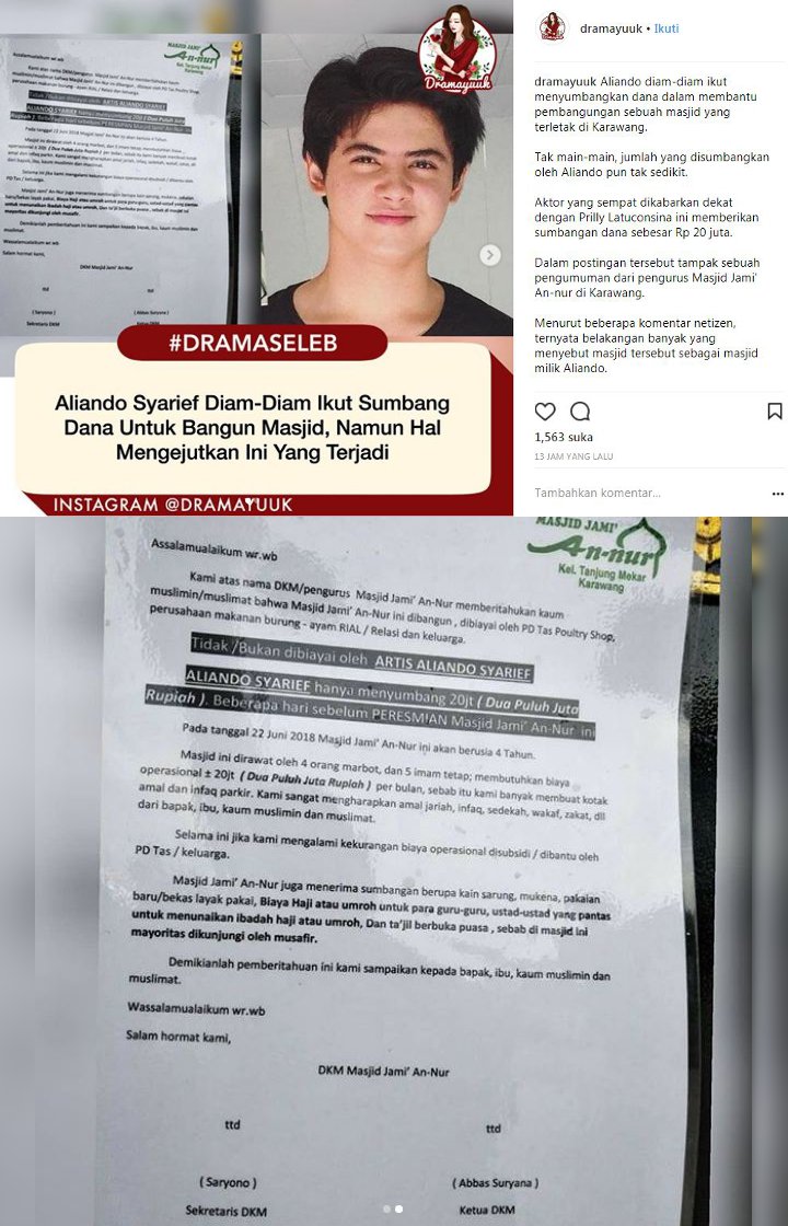 Aliando Disebut 'Hanya' Sumbang Dua Puluh Juta Untuk Pembangunan Masjid ...