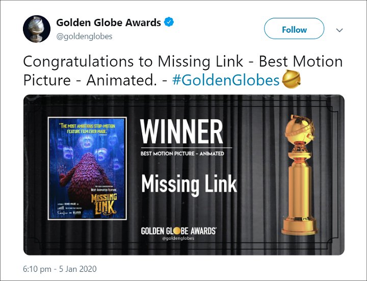 Golden Globes 2020: Kemenangan 'Missing Link' Jadi Film Animasi Terbaik ...