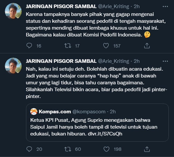 Arie Kriting Beri Sindiran Ini Usai Saipul Jamil Disebut Boleh Tampil Di TV Untuk Edukasi