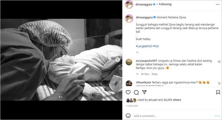 Dimas Anggara Bagikan Potret Haru Adzankan Baby Djiwa, Nadine Chandrawinata Tulis Pesan Super Manis