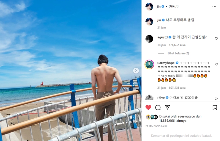 Member BTS Syok Berat Jin Berani Posting Foto Telanjang Dada, Ada yang Panik