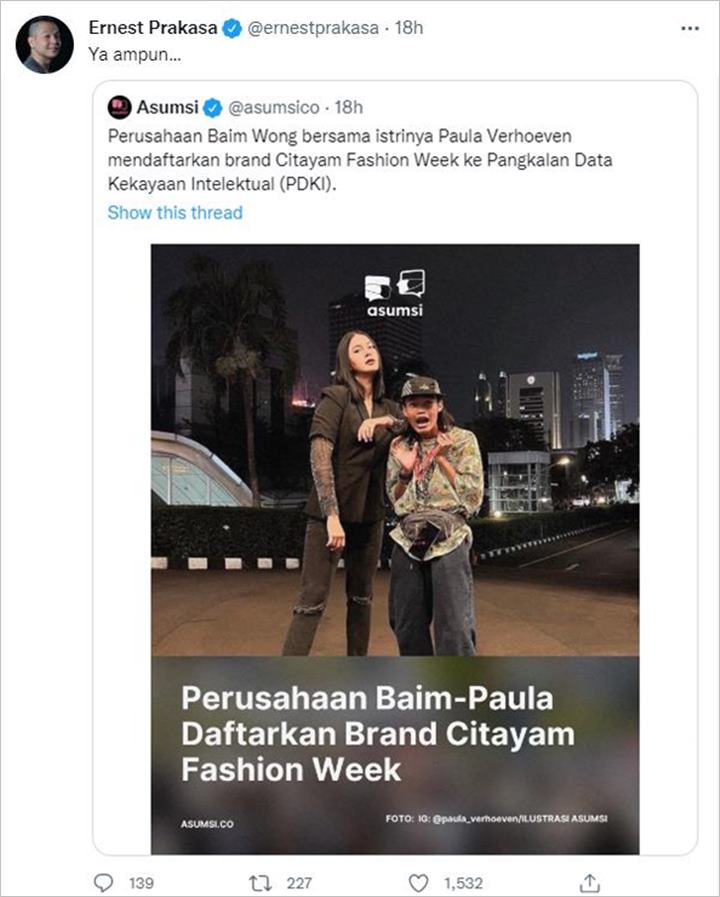 Baim-Paula Daftarkan 'Citayam Fashion Week' ke DJKI, Ernest Prakasa ...