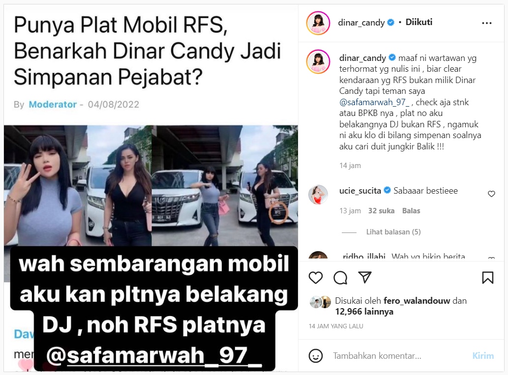 Dinar Candy Tak Terima Disebut Simpanan Pejabat Gara-gara Plat Mobil ...