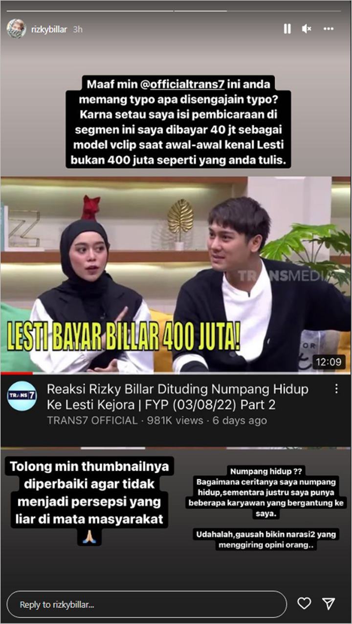 Rizky Billar Klarifikasi Kabar Numpang Hidup, Lesty Kejora Ikut Pasang ...