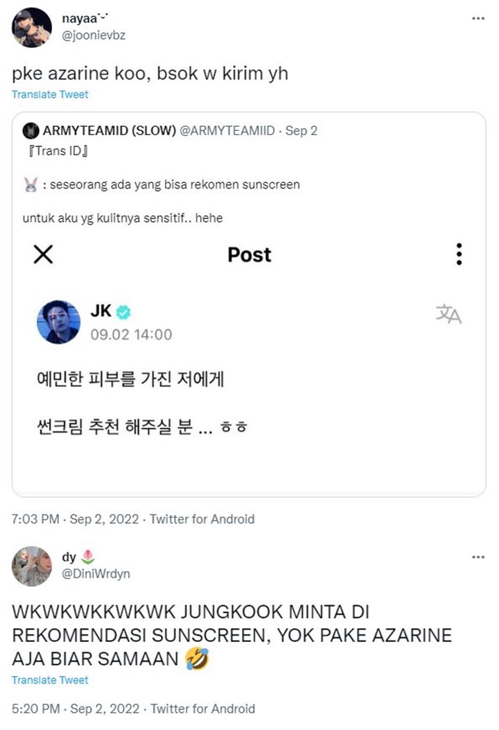 Jungkook BTS Minta Rekomendasi Sunblock, Fans Indonesia Sarankan Produk ...