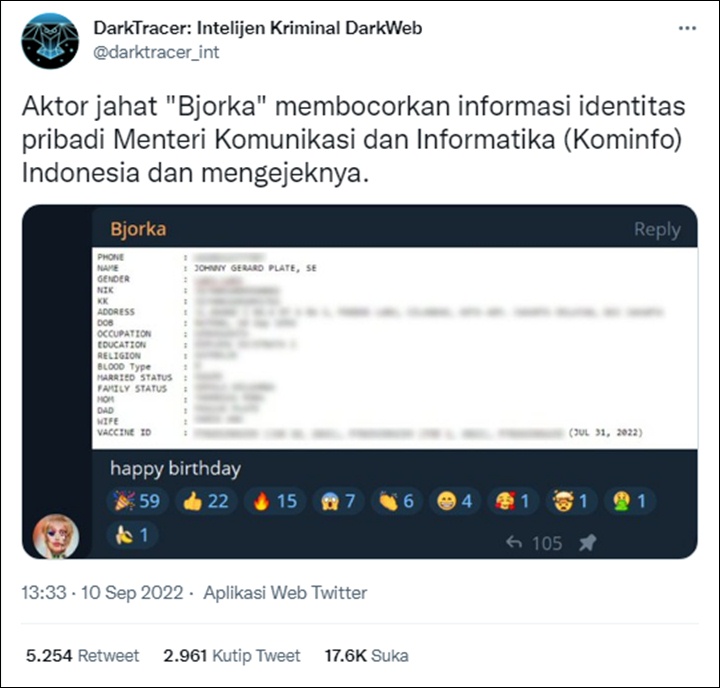 Hacker Bjorka Trending, Kini Diduga Bocorkan Data Pribadi Menkominfo Johnny G Plate