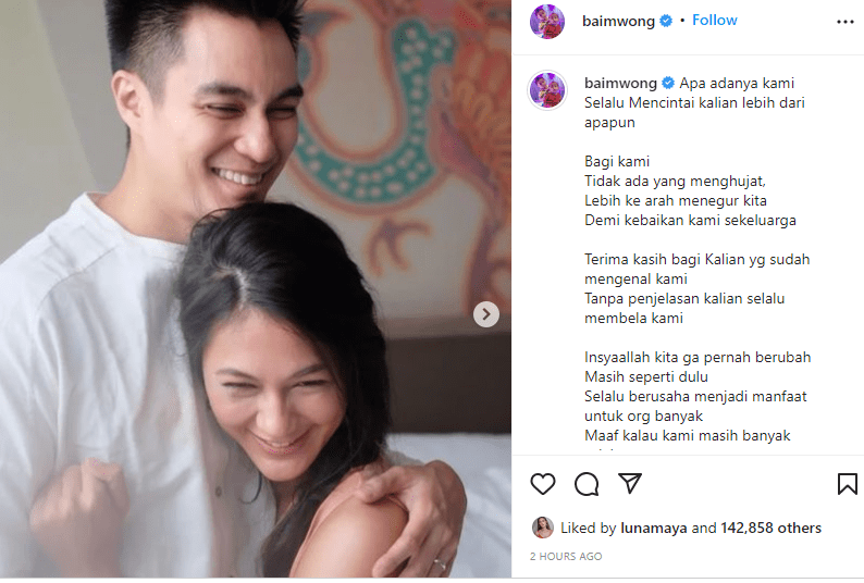 Baim Wong Pajang Foto Mesra Bareng Istri Tulis Ungkapan Bijak Usai ...