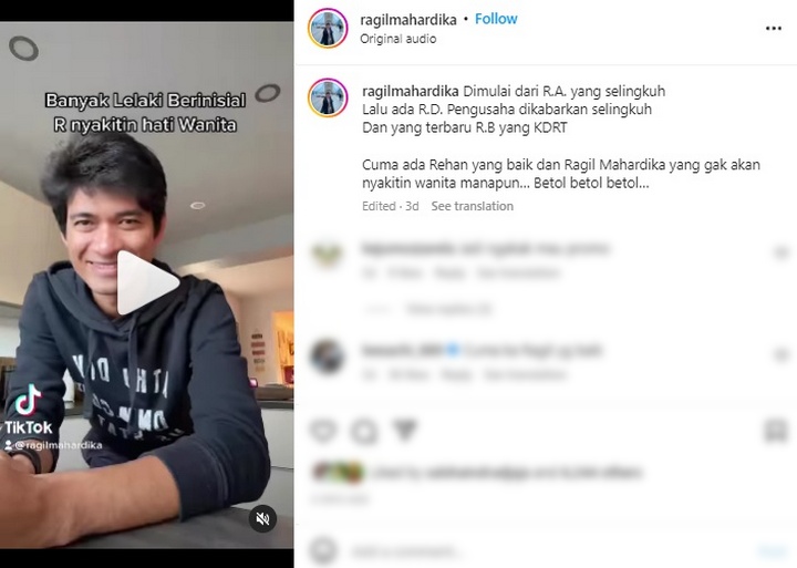 Ramai Inisial R Selingkuh, Ragil Mahardika Janji Tak Bakal Sakiti Wanita