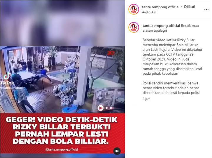 Video Diduga Detik-detik Rizky Billar Lempar Bola Biliar ke Lesti Kejora Tersebar