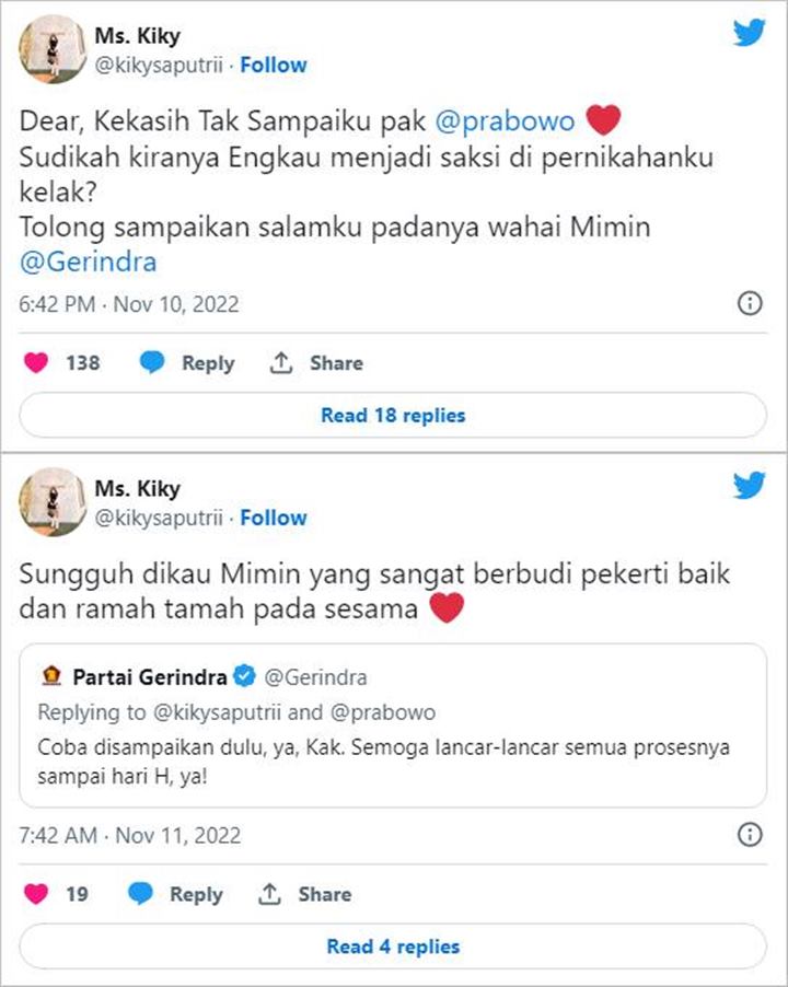 Kiky Saputri Minta Prabowo Jadi Saksi Nikah, Partai Gerindra Gercep Beri Respon