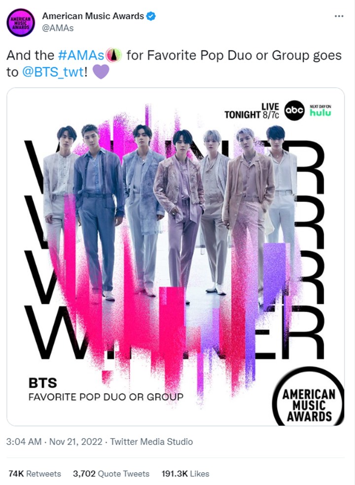 AMA 2022: BTS Raih Trofi Ke-4 Favorite Pop Duo/Group, Pertama Kali ...