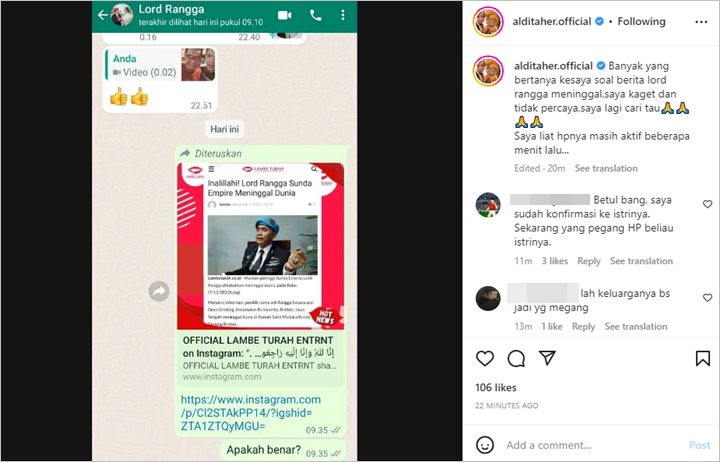 Aldi Taher Tak Percaya Lord Rangga Meninggal, Syok Lihat Last Seen ...