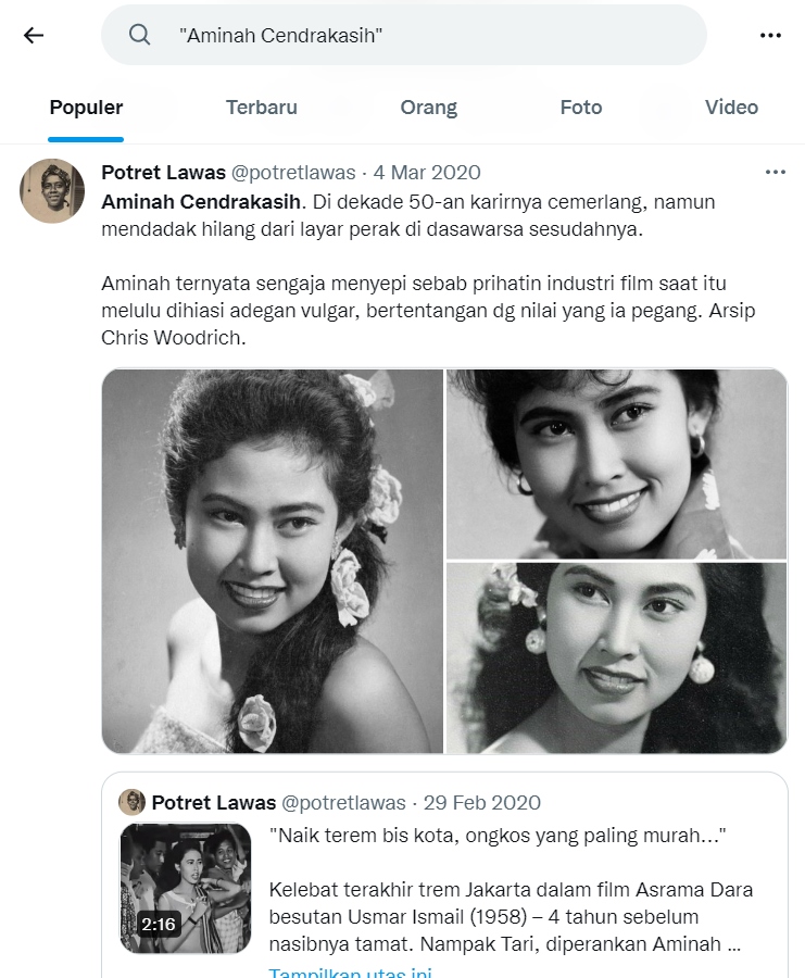 Aminah Cendrakasih Trending, Muncul Potret Lawas Mendiang Kala Masih Muda