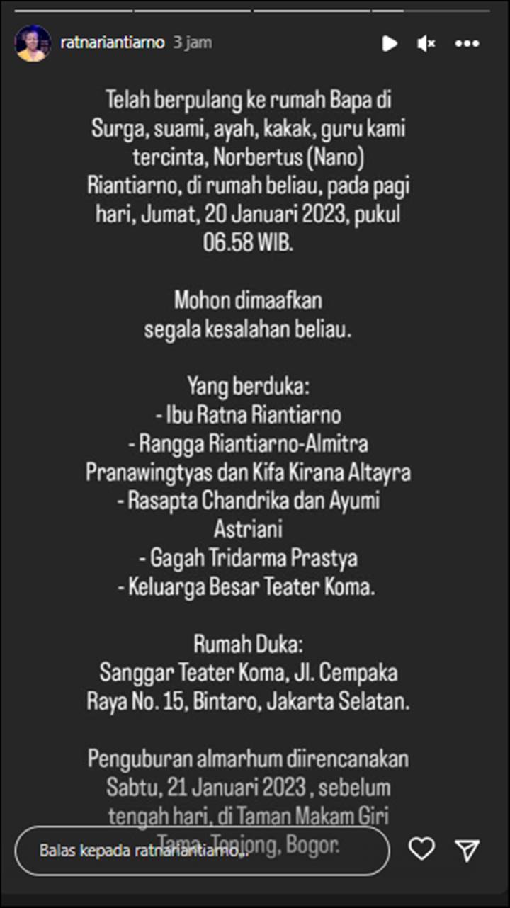 Pendiri Teater Koma Nano Riantiarno Meninggal Dunia, Prestasinya Gak ...