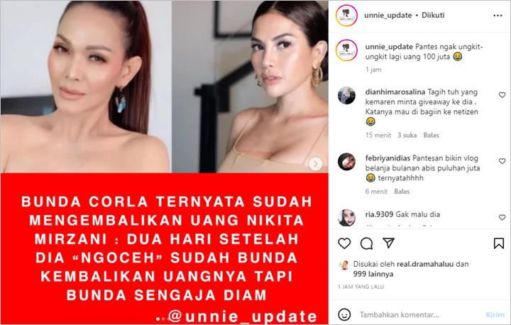 Bunda Corla Diam-diam Sudah Kembalikan Uang Saweran Rp 100 Juta Nikita Mirzani