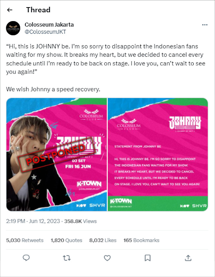 Johnny NCT Alami Cedera, Tak Jadi Manggung di Indonesia