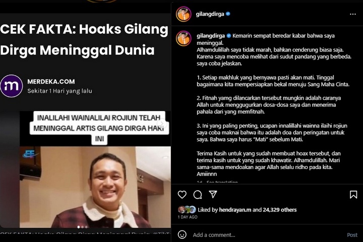 Heboh Diisukan Meninggal Dunia, Gilang Dirga Justru Ucapkan Terimakasih