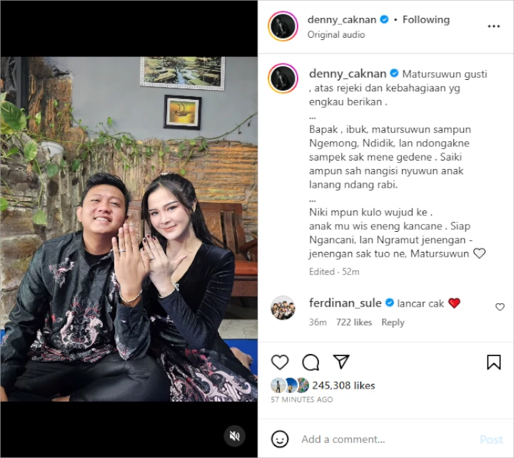 Pamer Cincin Bareng Bella Bonita, Denny Caknan Tulis Pesan Haru Untuk Orang Tua