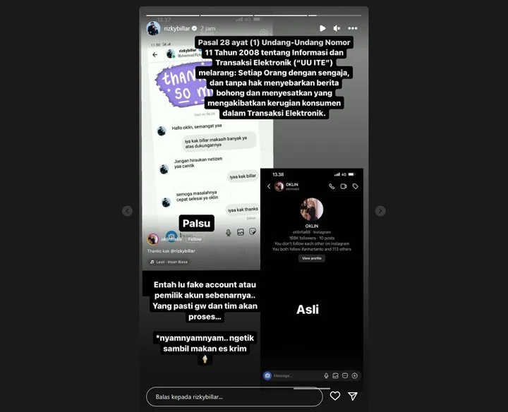 Rizky Billar Meradang Difitnah Kirim Pesan Semangat ke Oklin Fia