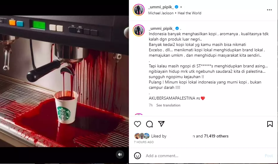 Umi Pipik Dukung Boikot Brand Coffee Shop Asal Amerika Seraya Posting ...