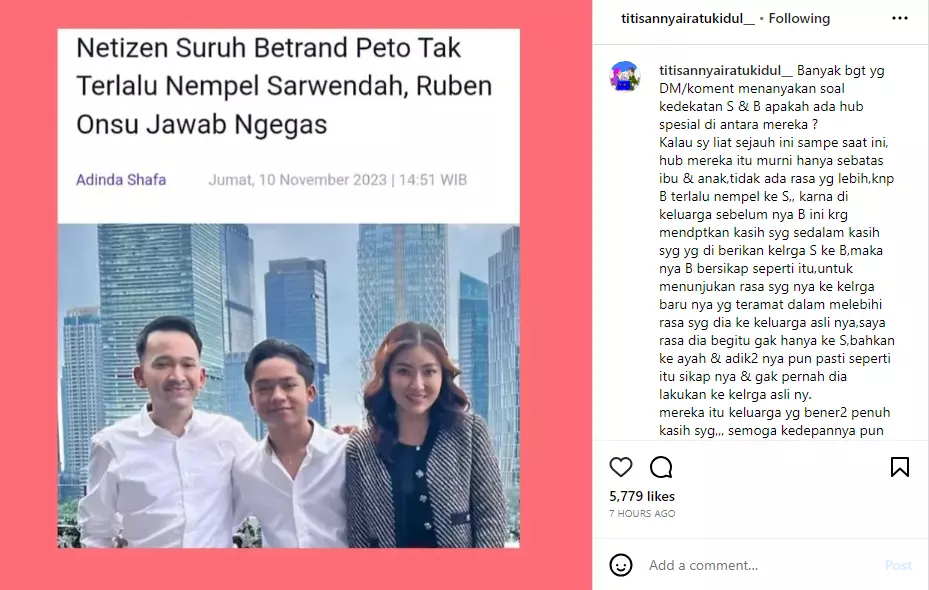 Sikap Manja Betrand Peto ke Sarwendah Disebut Murni Bentuk Kasih Sayang