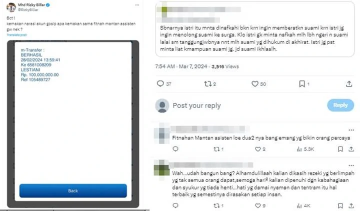 Rizky Billar Mendadak Sindir Eks Asisten Sembari Pamer Transferan 100 Juta Buat Lesti Kejora