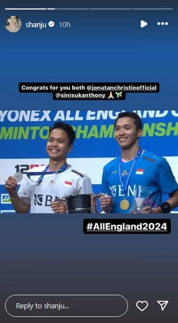 Shanju Eks JKT48 Bangga Jonatan Christie Juara di All England Open 2024