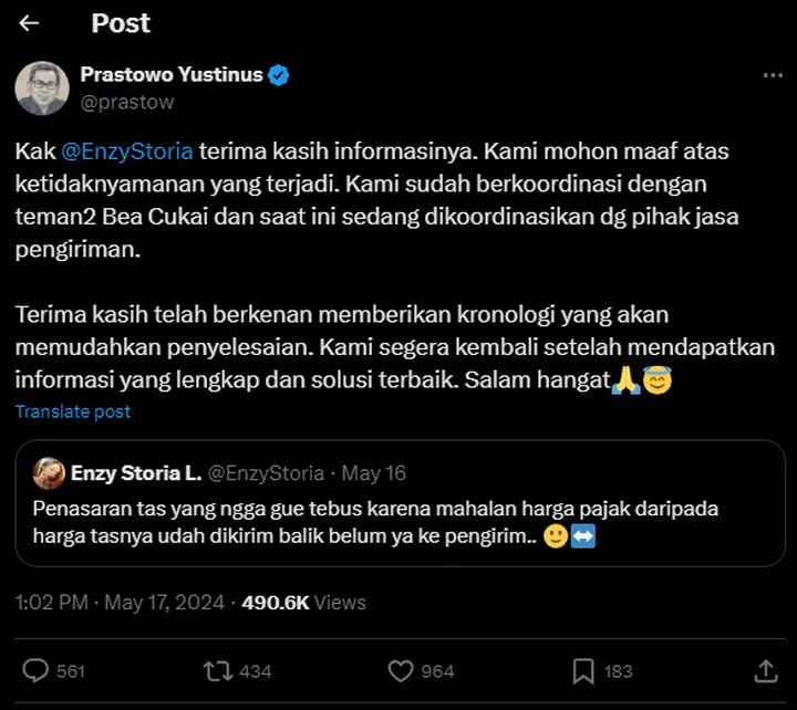 Enzy Storia Curhat Tas Tertahan di Bea Cukai Tuai Respons Gercep dari Staf Khusus Menkeu