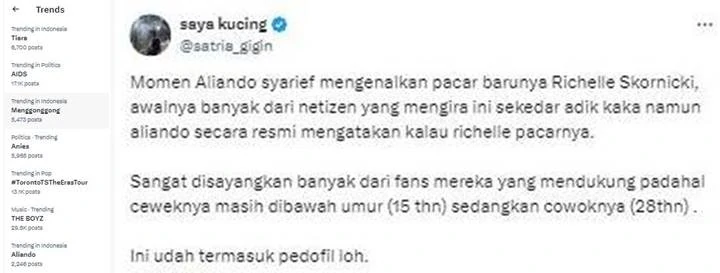 Aliando Trending Disentil Pedofil usai Pacari Adik Sandrinna Michelle yang Masih di Bawah Umur