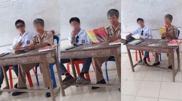 Netter Heboh, Beredar Foto Murid Merokok Sambil Angkat Kaki di Sebelah Guru