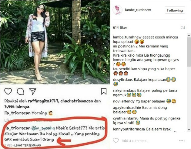 Akun IG Beri Like di Postingan Lia Trio Macan Sindir Ayu Ting Ting, Netter: Raffi Atau Nagita?