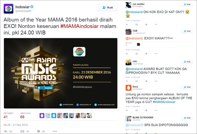 EXO Cs 'Lenyap' di Tayangan Ulang MAMA, Indosiar Banjir Kritikan Pedas