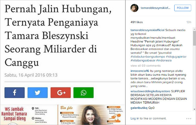 Dikabarkan Pernah Punya Hubungan dengan WS, Begini Reaksi Tamara Bleszynski